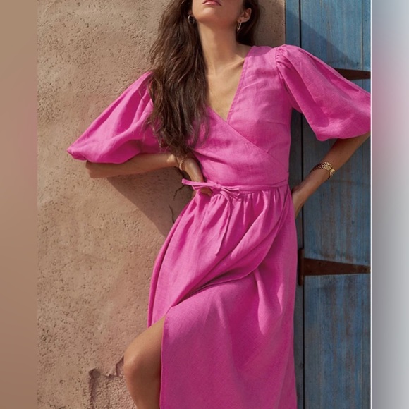 Commense | Dresses | Commense Pink True Wrap Puff Sleeve Midi Dress ...